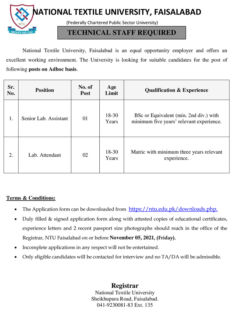 TECHNICAL STAFF REQUIRED | NTU